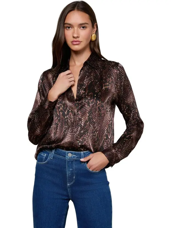 L'Agence Tyler Printed Silk Blouse - Coffee Bean Multi Desert Snake