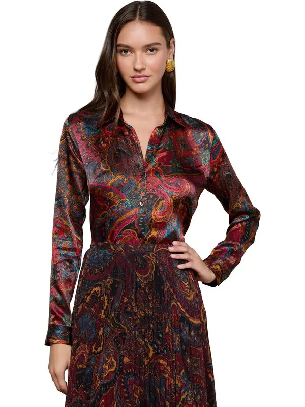 L'Agence Tyler Silk Blouse Top - Multi Small Medallion Paisley