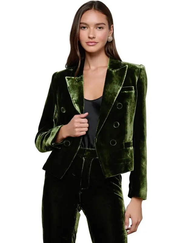 L'Agence Brooke Velvet Double-breasted Blazer - Deep Olive