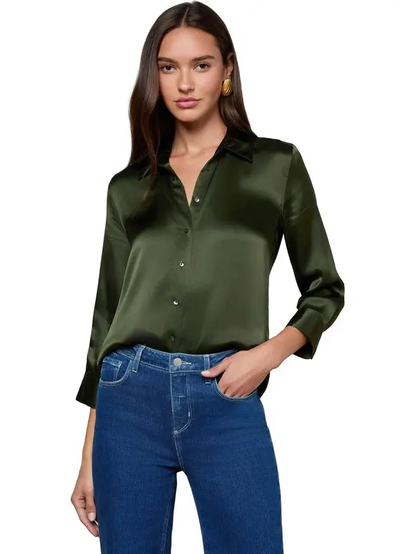 L'Agence Dani Silk Blouse Top - Deep Olive