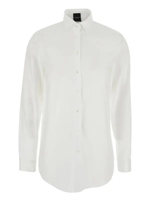 PLAIN Cotton Shirt With Classic Collar And Curved Hem - White