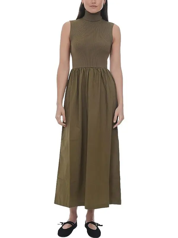 POINT Mixed Media Turtleneck Midi Dress - Olive