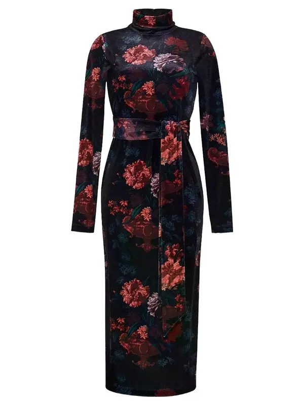 Cara Cara Floral-print Turtleneck Midi Dress - Black