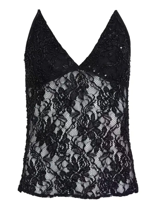 AMIR SLAMA Lace Beaded Top - Black