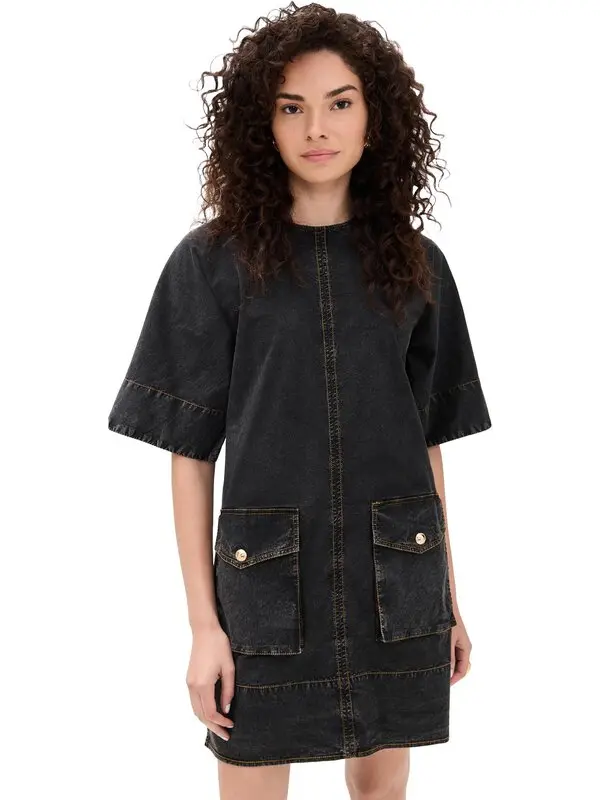 GANNI Washed Stretch Cotton Boxy Kimono Mini Dress - Black