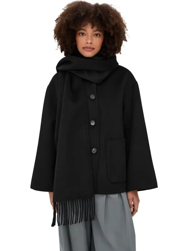 MEIMEIJ Lana Wool Pea Coat With Attached Scarf - Black