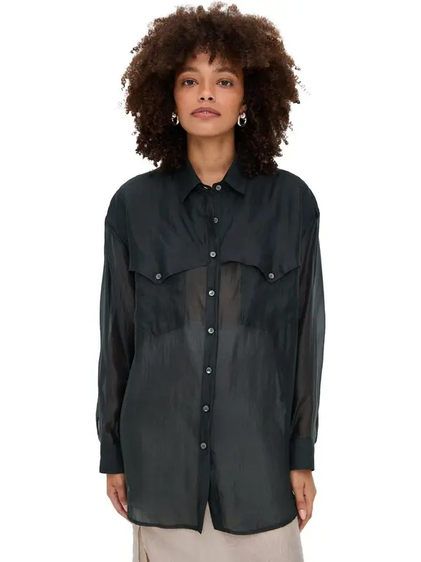 SIMONETT Sheer Western Button-up Blouse - Gray