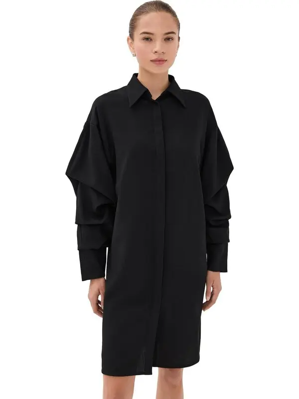 Bite Studios Pleated Sleeve Wool Crepe Shirt Dress - Black