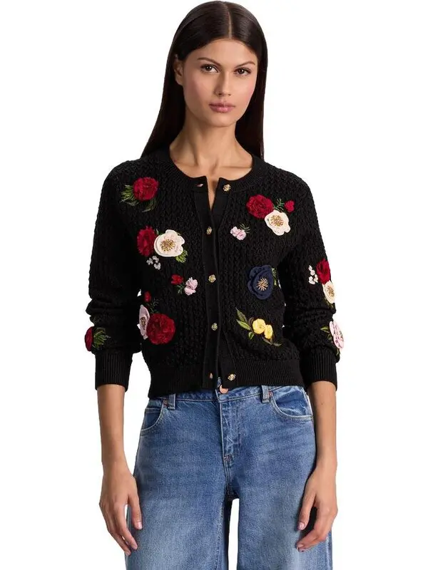 Alice + Olivia Dollie Floral Merino Wool Cardigan - Black / Floral / Multicolor