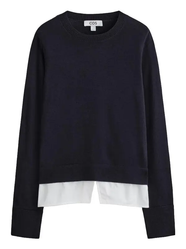 Cos Layered Merino Wool Crew Neck Sweater - Navy