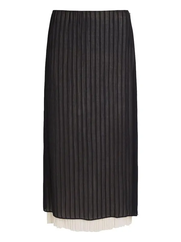 Vince Layered Striped Plissé Midi Skirt - Black