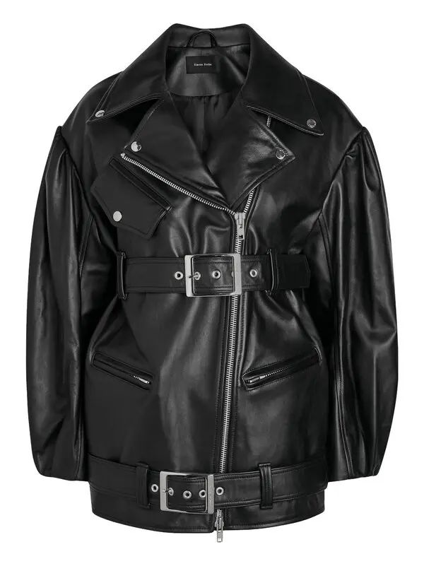 Simone Rocha Puff Sleeve Belted Leather Biker Jacket - Black