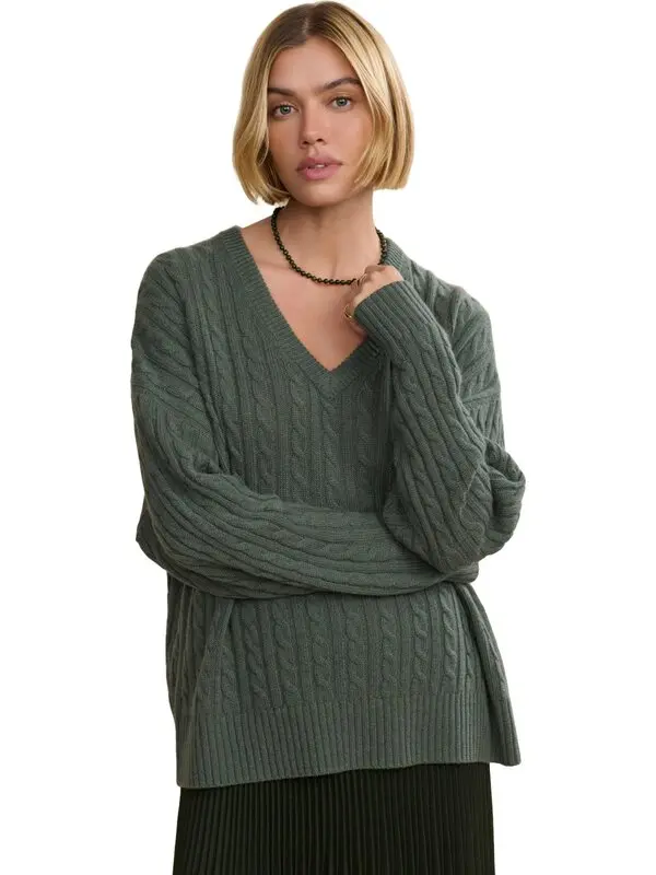 Jenni Kayne Nell V-neck Cable Knit Sweater - Multicolor,pine Linen