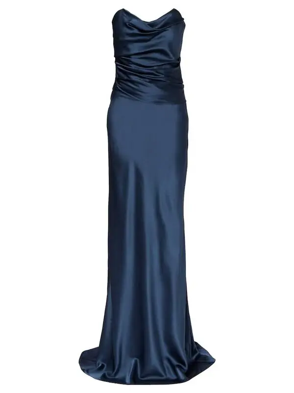 THE SEI Ruched Strapless Silk Satin Corset Dress - Blue