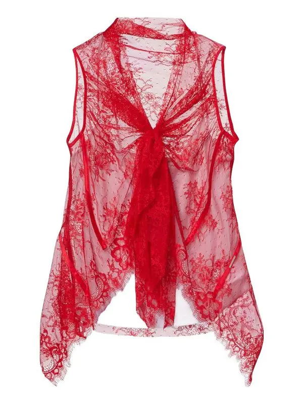 JACQUES WEI Tie-neck Silk-trimmed Lace Top - Red