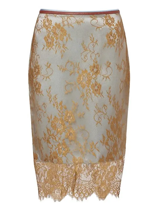 JACQUES WEI Embroidered Lace Midi Skirt - Brown