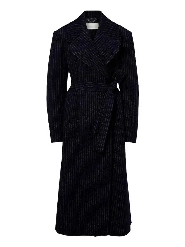 Dries Van Noten Belted Pinstriped Wool Coat - Blue