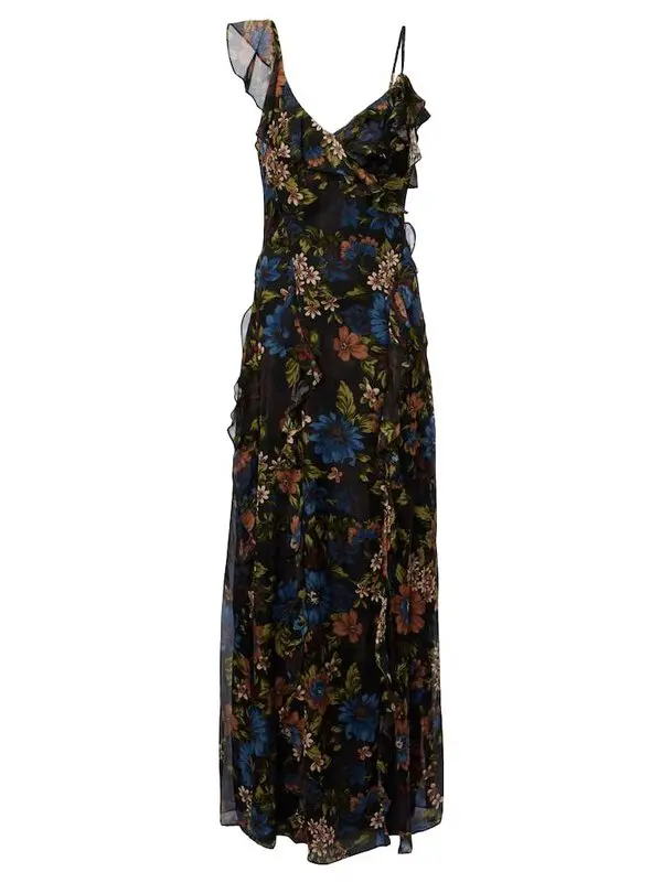 Veronica Beard Madeline Ruffled Floral Silk Maxi Dress - Black