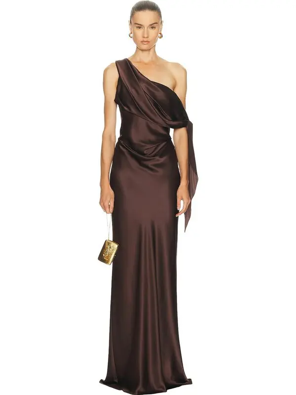 THE SEI Asymmetrical Drape Gown With Tie - Cocoa