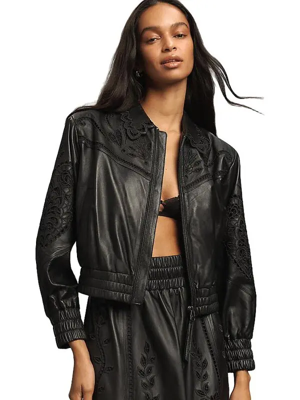 Farm Rio Richelieu Leather Bomber Jacket - Black