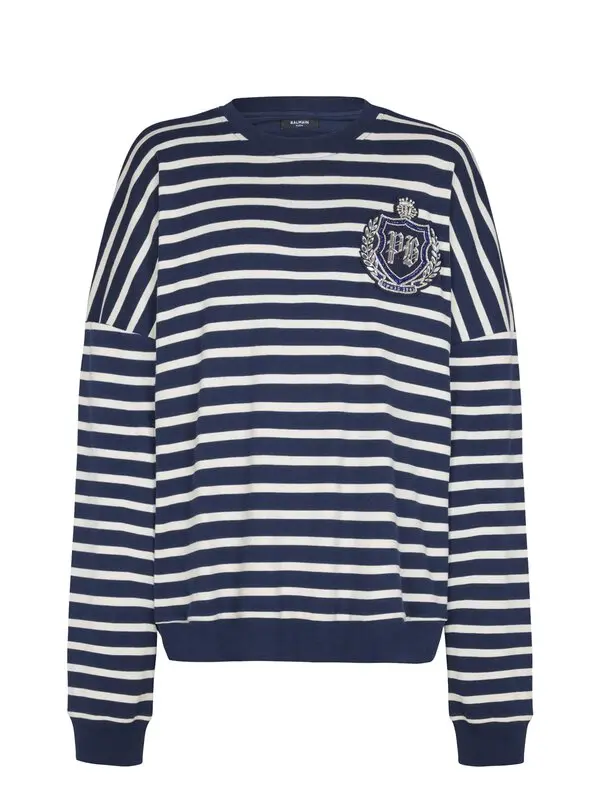 Balmain Cotton Striped College Emblem Sweatshirt - Blue