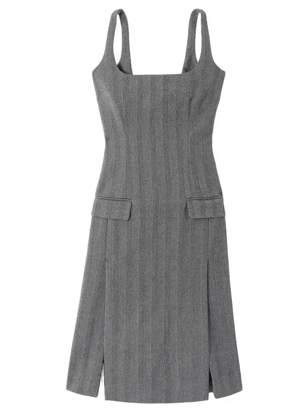 FERRAGAMO Striped Herringbone Wool-blend Dress - Gray