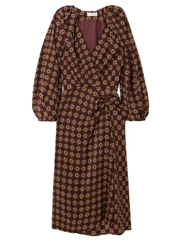 Dries Van Noten Printed Silk Crepe De Chine Wrap-effect Midi Dress - Brown