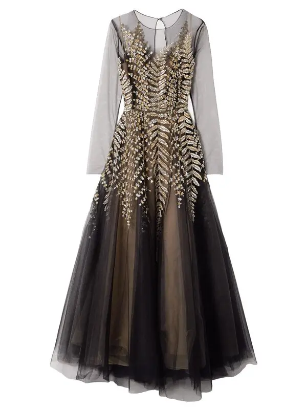 Oscar De La Renta Crystal, Bead And Sequin-embellished Pleated Tulle Midi Dress - Black