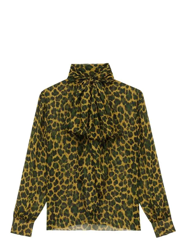 Saint Laurent Lavallière Blouse In Leopard Silk Muslin - Orange