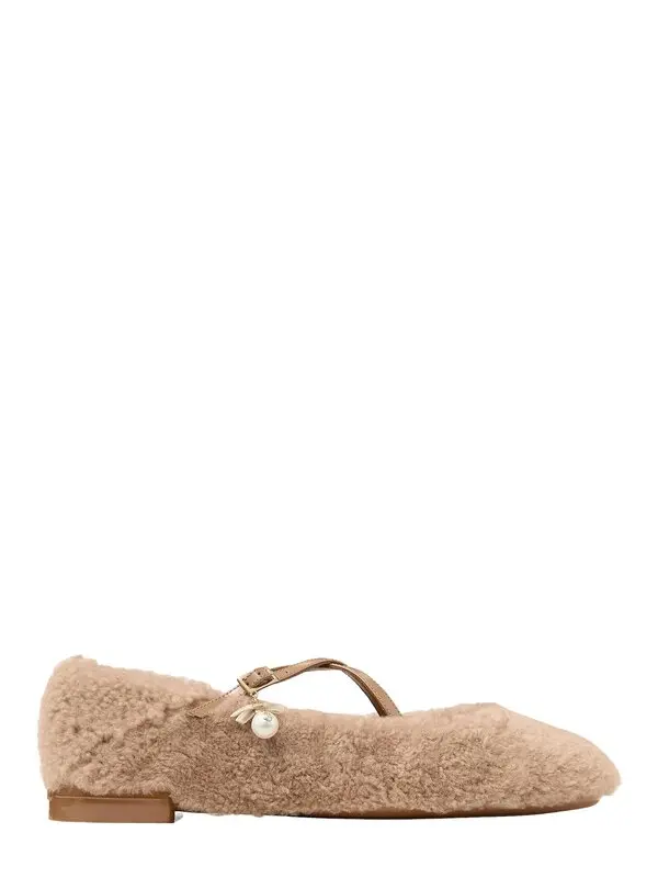 JIMMY CHOO Eleri Shearling Ballerina Pumps With Pearl Charm - Toffee/toffee