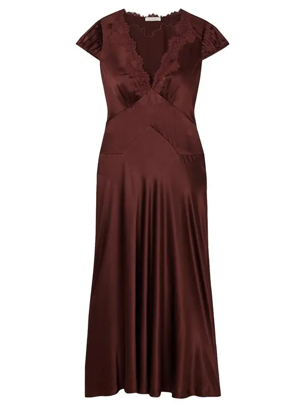 DÔEN Corded Lace-trimmed Silk-satin Maxi Dress - Brown