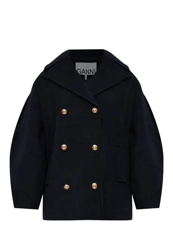 GANNI Short Wool Coat - Navy Blue