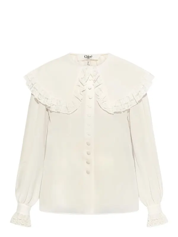 Chloé Silk Blend Shirt With Lace-trimmed Ruffle Collar - White