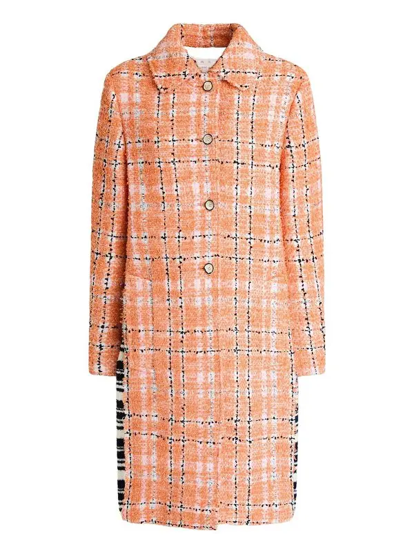 Marni Checked Cotton-blend Tweed And Ribbed-knit Coat - Orange
