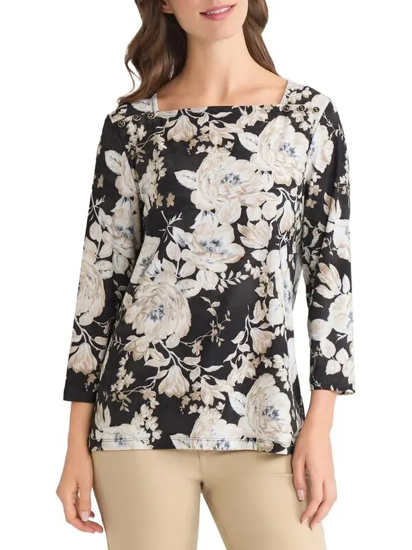 Jones New York Floral Square Neck Top - Jones Black Multi