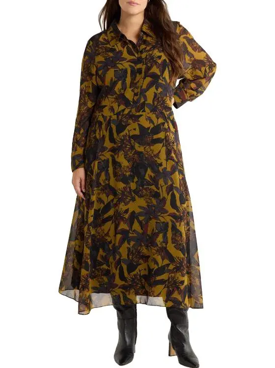 Nordstrom Floral Long Sleeve Maxi Shirt Dress - Black Multi Quynh Bloom
