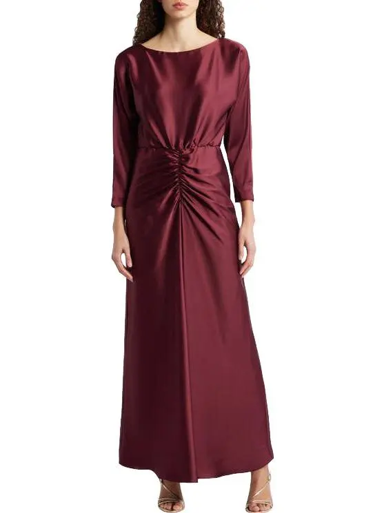 Julia Jordan Ruched Detail Long Sleeve Satin Gown - Wine