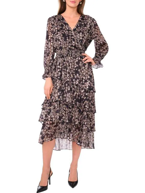 Vince Camuto Floral Metallic Stripe Long Sleeve Tiered Maxi Dress - Rich Black