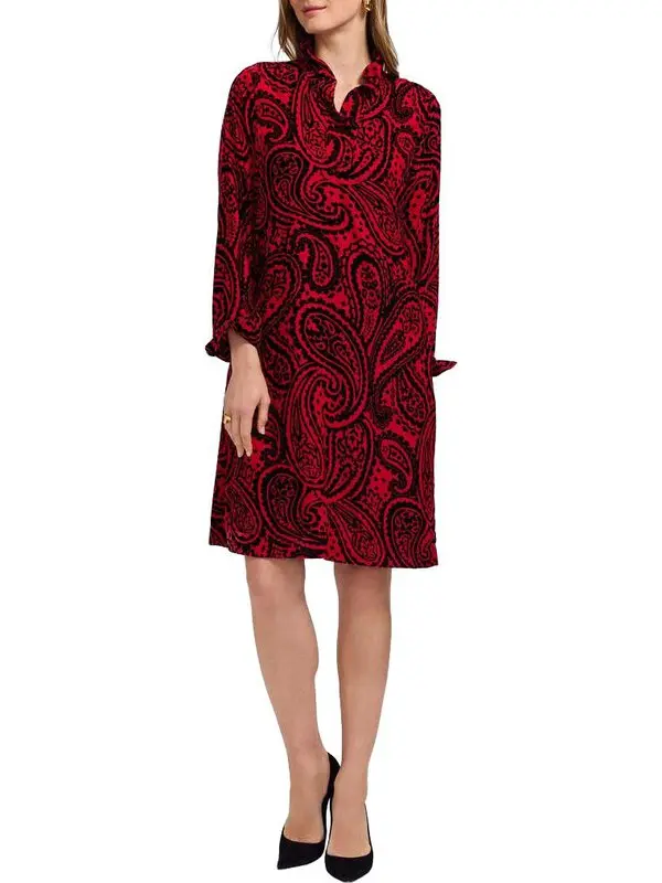 Foxcroft Velvet Paisley Collared Long Sleeve Sheath Dress - Red/black