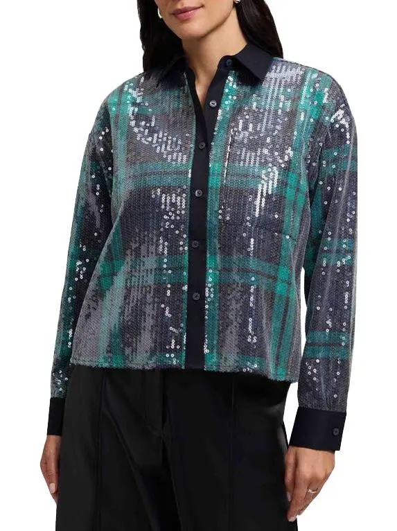 Foxcroft Marina Sequin Button-up Shirt - Navy Blue/multi