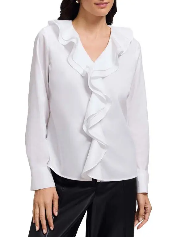 Foxcroft Shantel Ruffle Long Sleeve Top - White