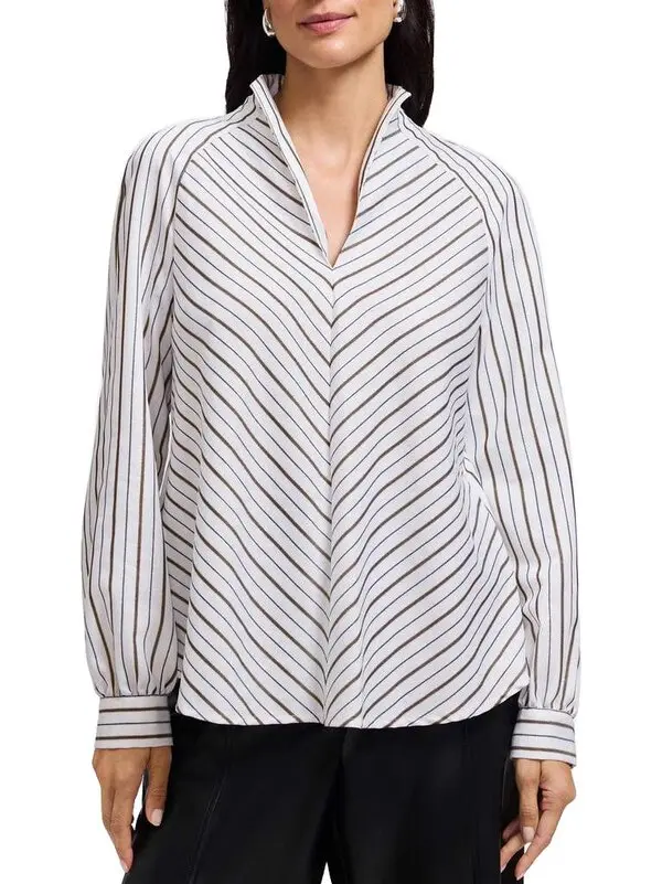 Foxcroft Daphne Stripe Metallic Stretch Popover Shirt - White/multi