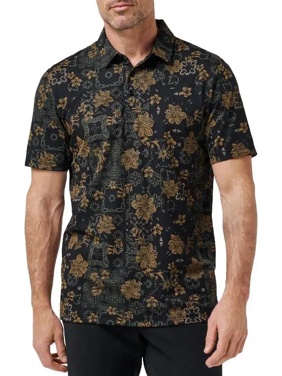 Travis Mathew Speaking My Language Floral Short Sleeve Piqué Button-up Shirt - Black