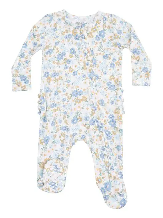 ANGEL DEAR Floral Print Zip Footie With Ruffle Detail - White/soft Chambray