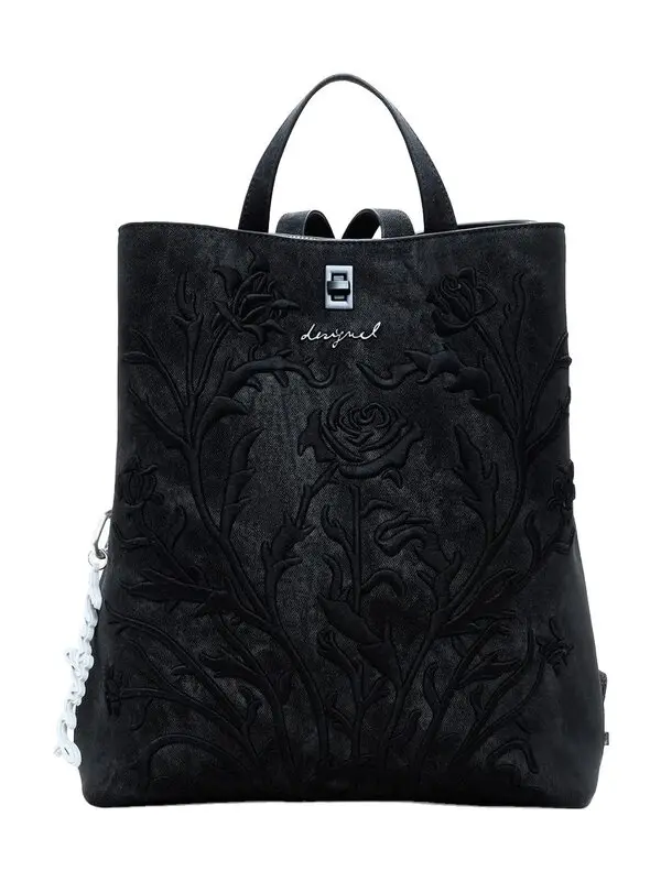 Desigual Floral Embossed Faux Leather Backpack - Black
