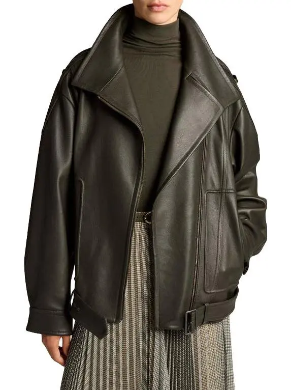 Vince Oversized Leather Biker Jacket - Deep Forest