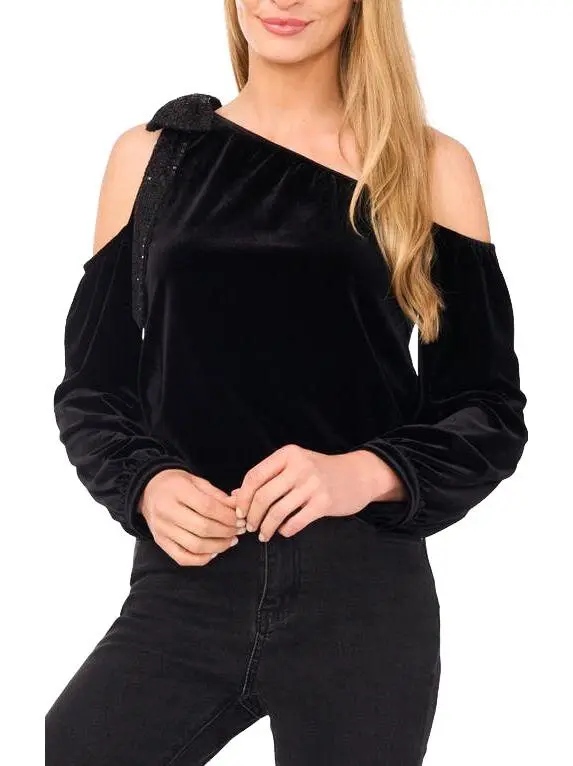CECE DUPRAZ Sequin Bow Velvet One-shoulder Top - Rich Black