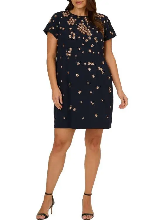 Adrianna Papell Floral Beaded Sequin Cocktail Sheath Dress - Midnight/rosegold