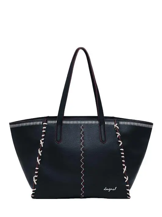 Desigual Faux Leather Tote Bag With Whipstitch Trim - Black