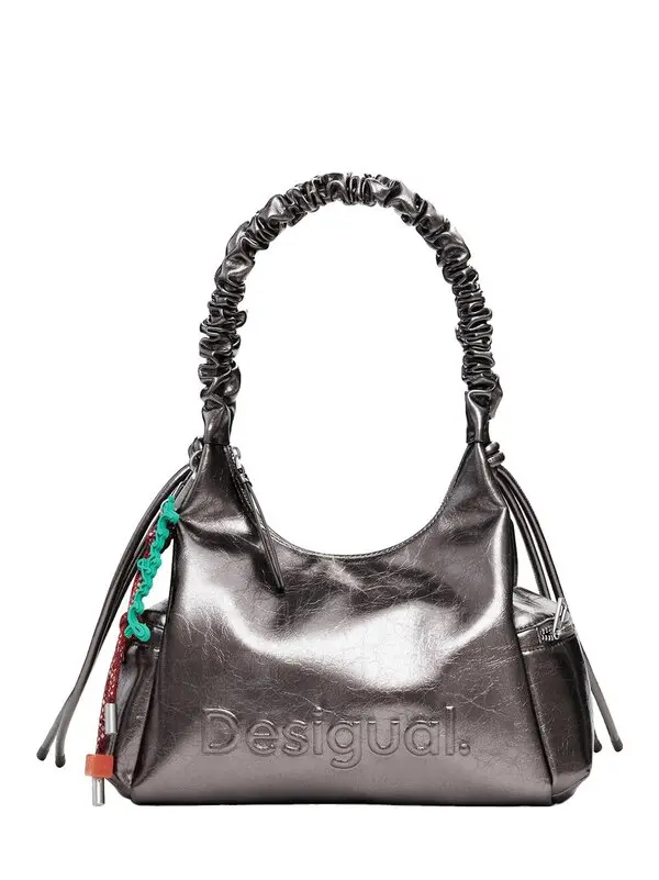 Desigual Metallic Faux Leather Shoulder Bag With 3d Logo - Silver